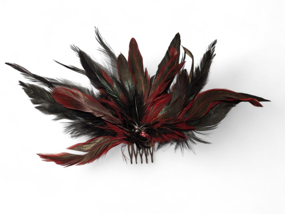 Hand Made Decorative Gothic Feather Hair Comb, Red and Black Iredescent ...