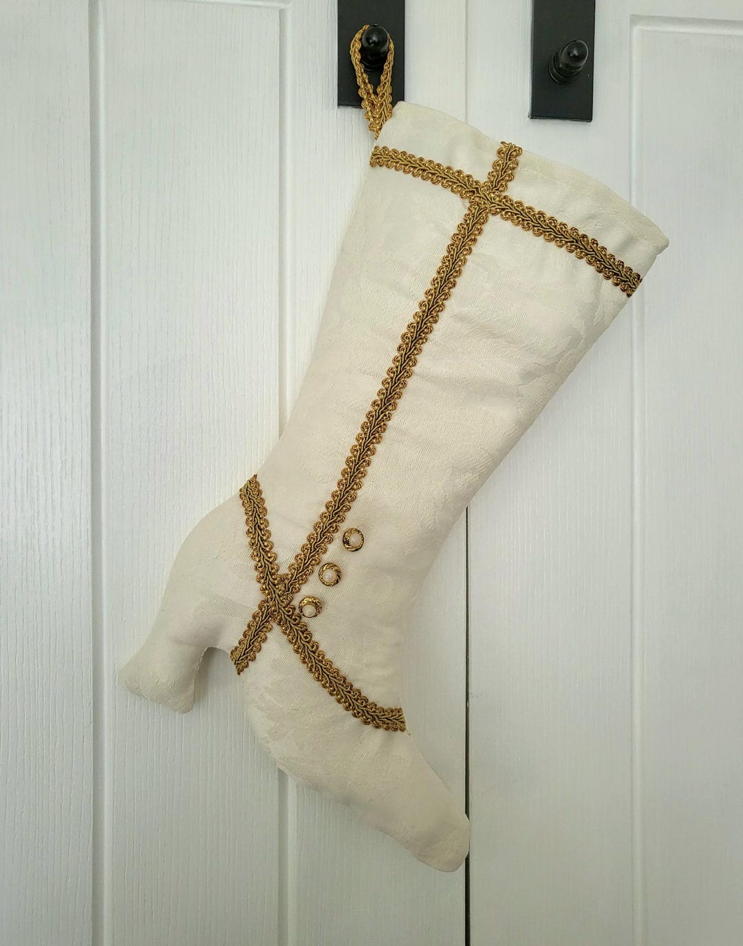 Christmas Stocking Stiletto High Heel Boot Xmas OOAK Cream Jacquard ...
