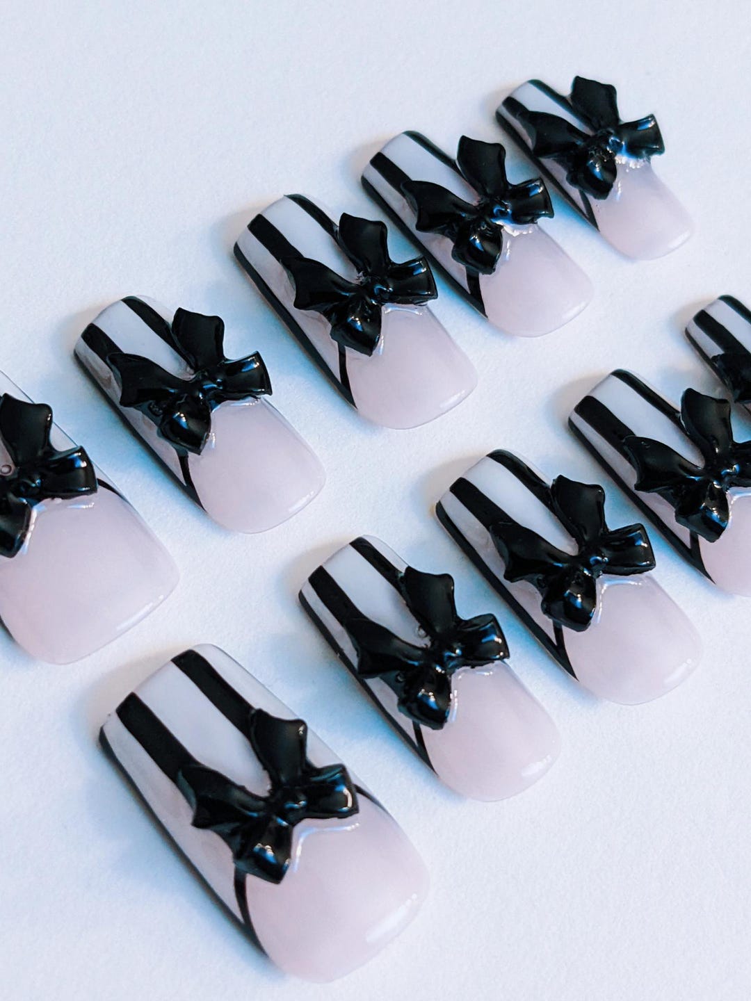 Goth French Tips Black and White Stripe Press on Nails Size M - Etsy