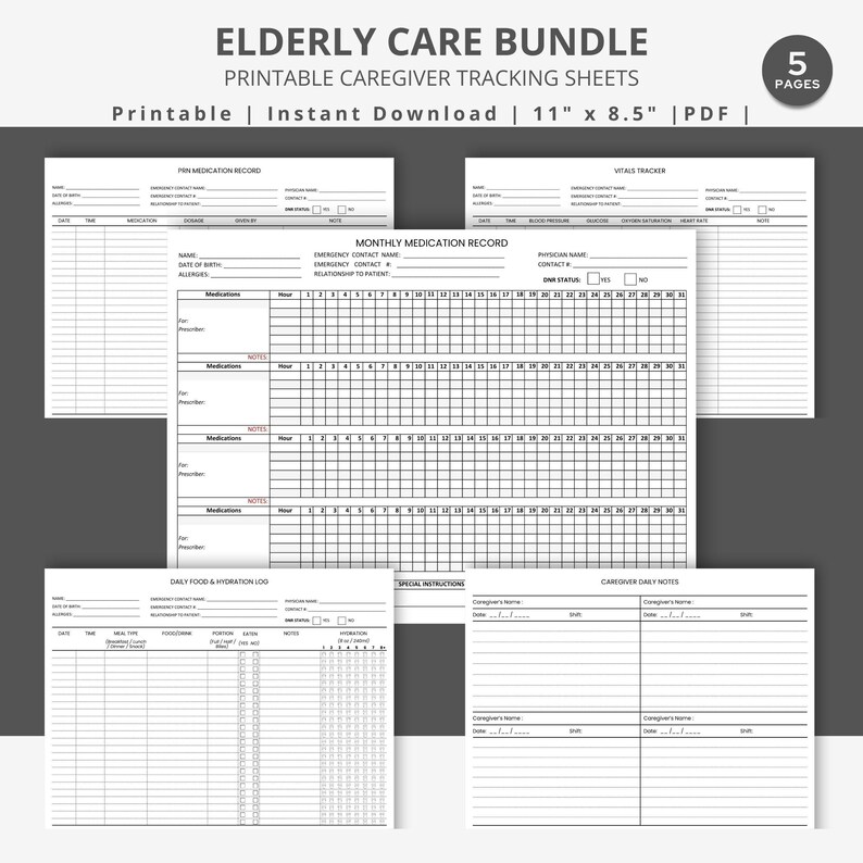 Elderly Care Bundle | Caregiver Printable Log Sheets | Medication ...