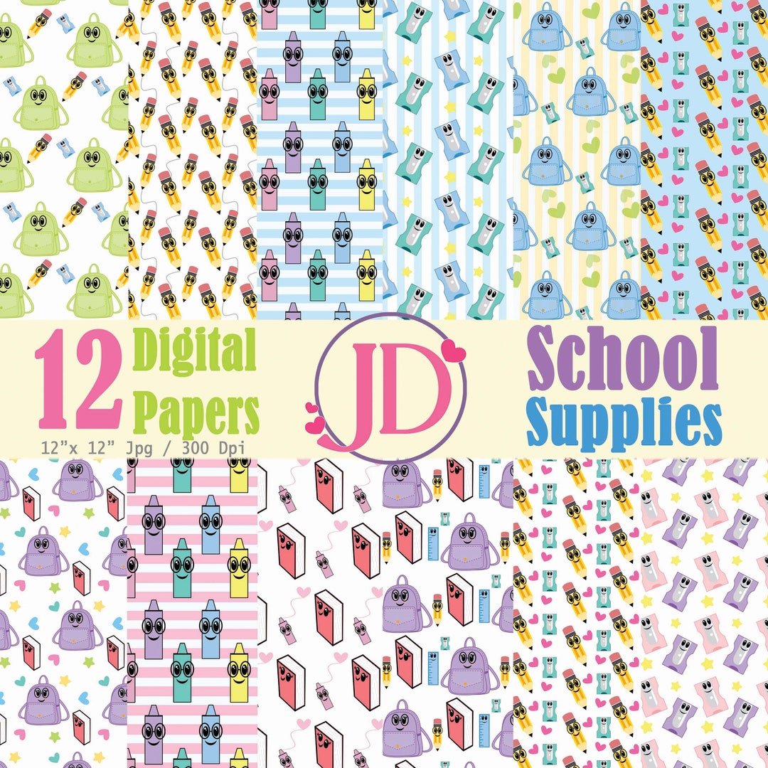 Back to School Digital Papers, School Supplies Digital Papers ...