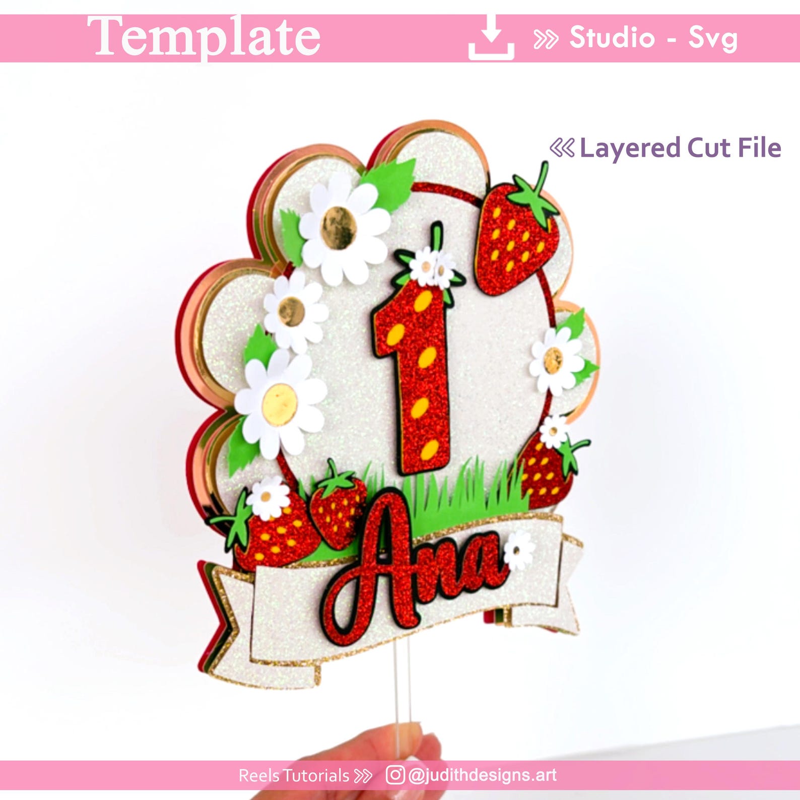 Strawberry Cake Topper for Studio and SVG, Strawberry Layered File ...