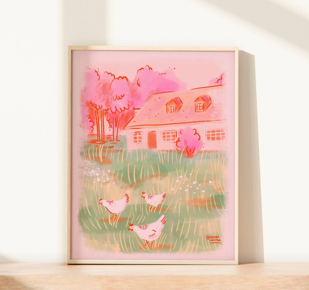Pink Cottagecore Chicken Print: Art Deco Farmhouse Wall Art (digital ...
