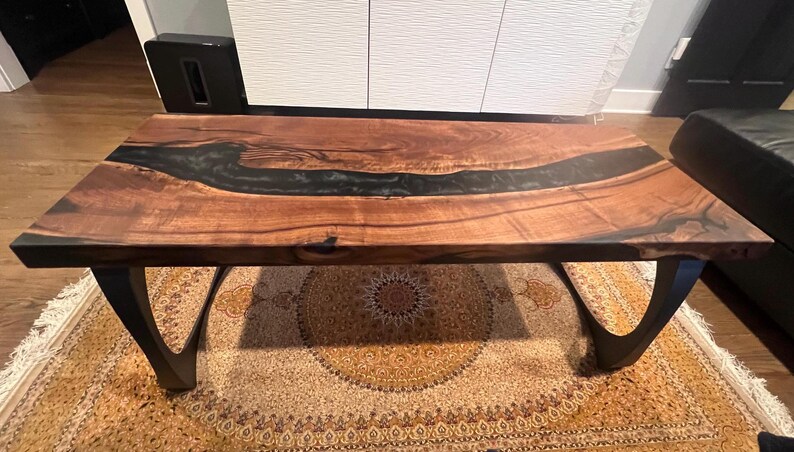 Black Walnut Slab With Black Epoxy River and Steel Flowyline Design ...