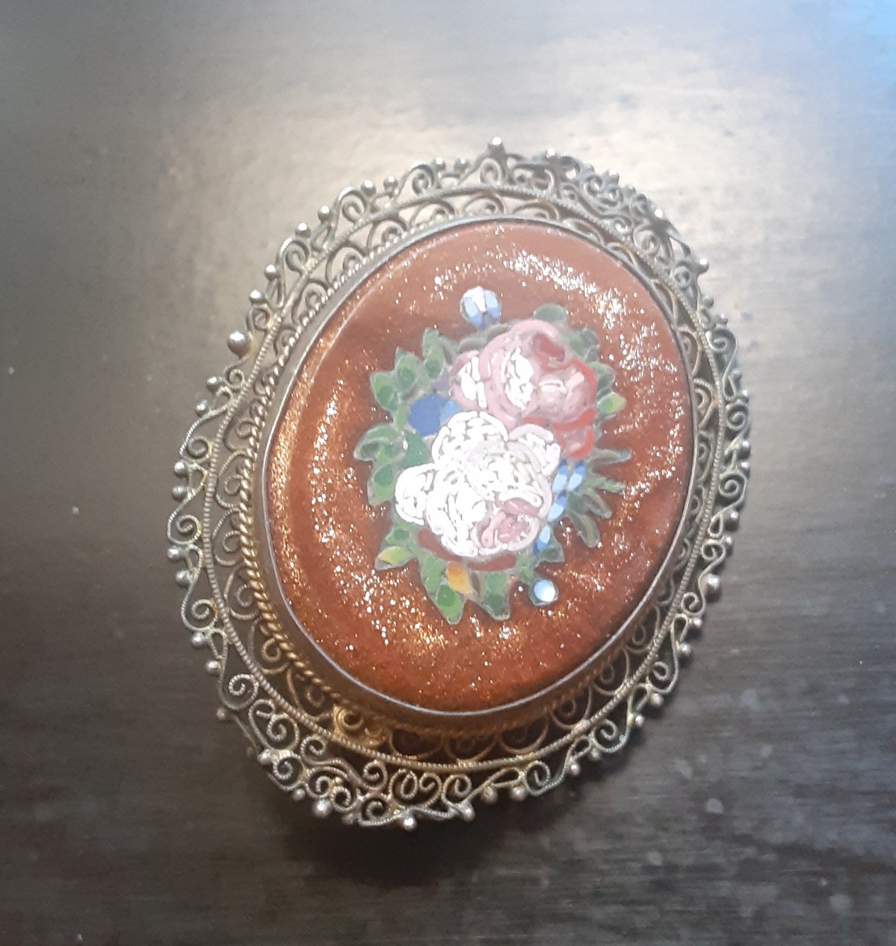 A Victorian Micro Mosaic Brooch With Coppery Glass and Trombone Clasp ...