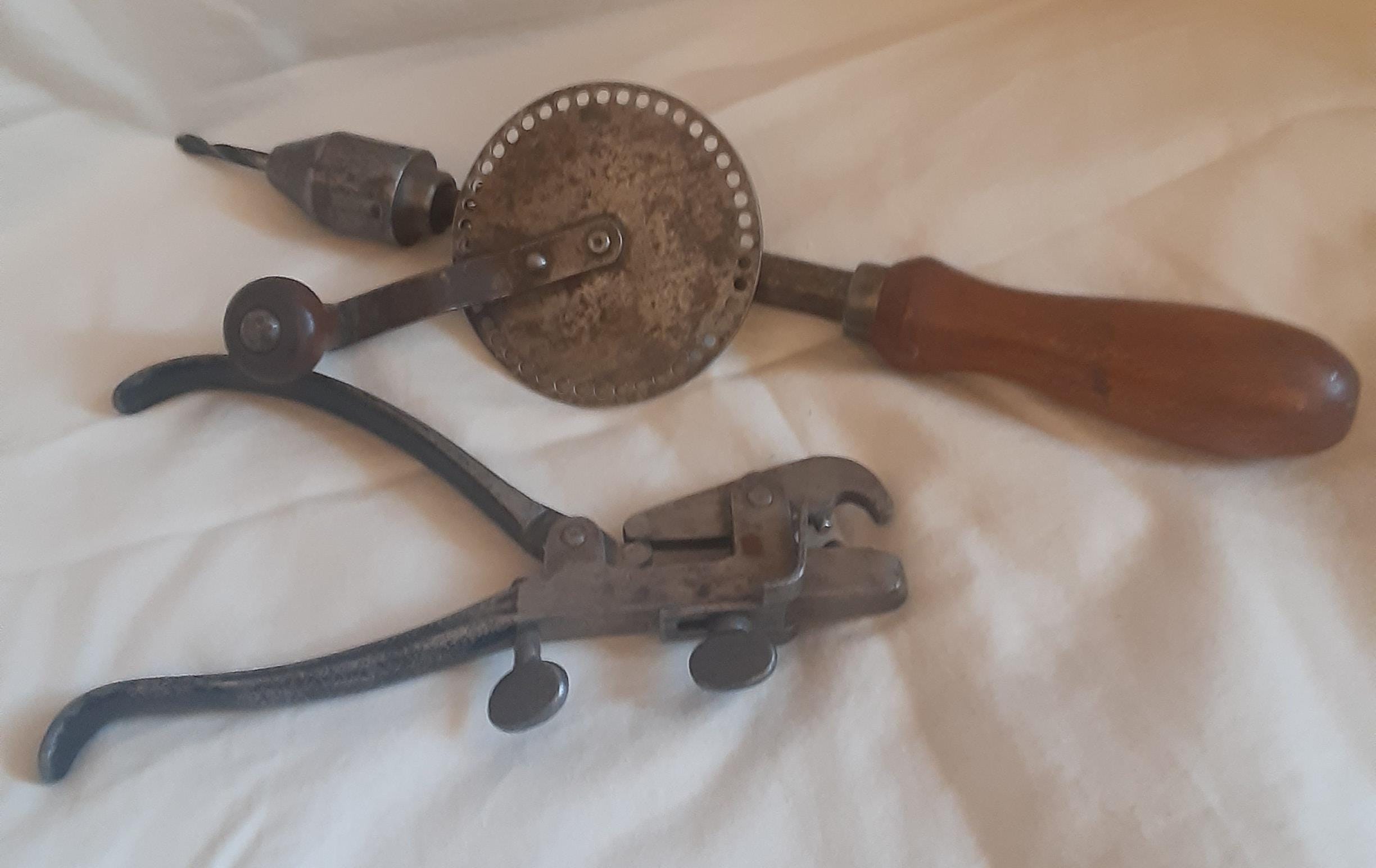Pair of Antique Metal Tools, Saw Blade Crimper, Hand Crank Metal Drill ...