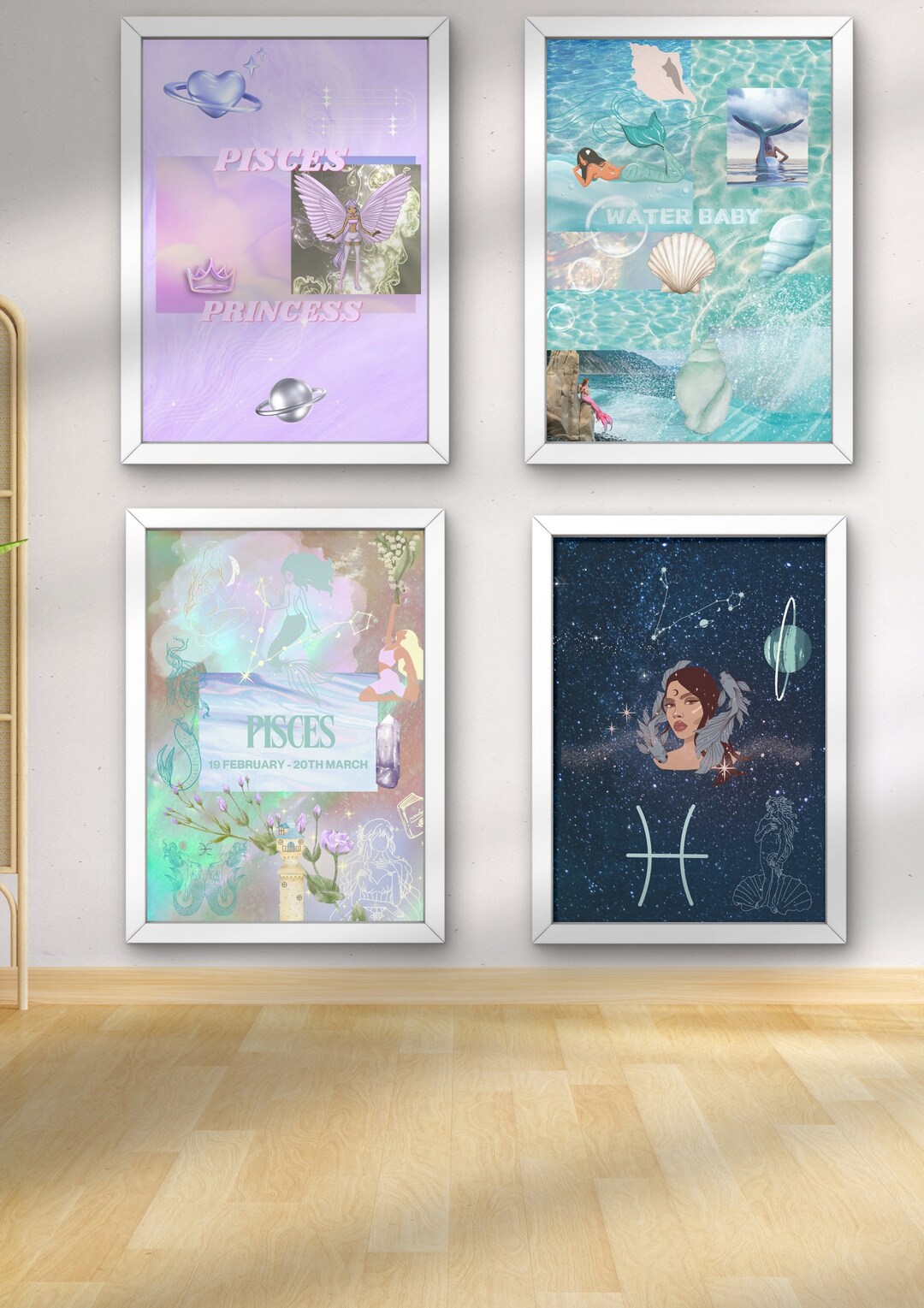 4 PISCES Star Sign Instant Download Print, Zodiac Art Printable, Angel ...