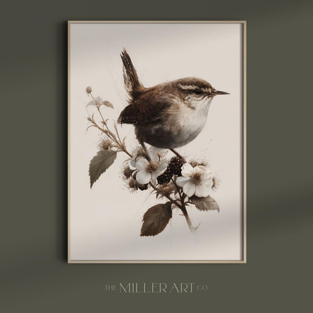 Wren Bird Art Print, Cottagecore Autumn Decor, Botanical Illustration ...