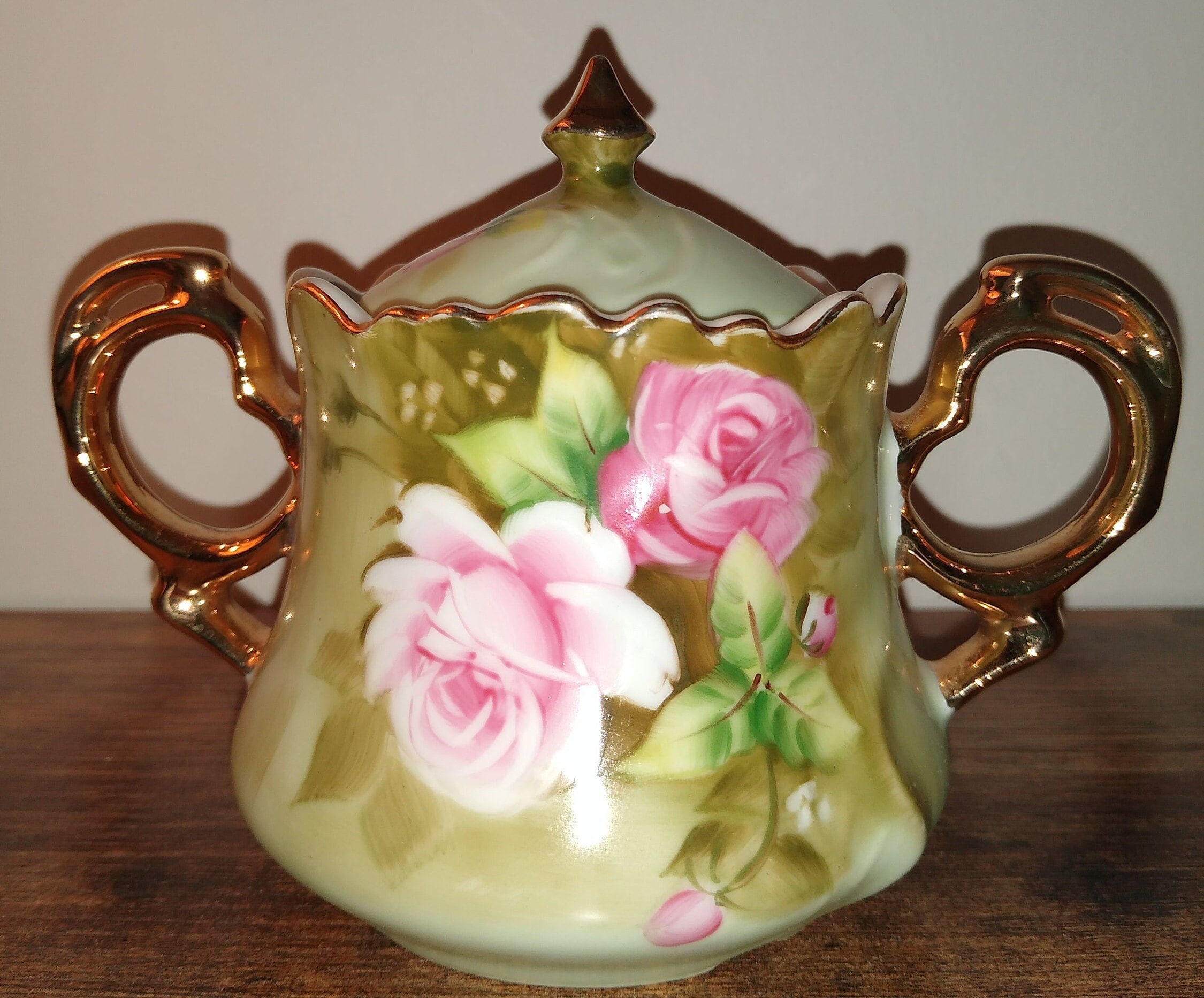 Vintage Porcelain Lefton Green Heritage Rose Teapot 3065 Creamer and ...
