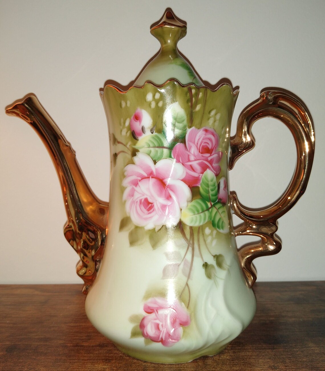 Vintage Porcelain Lefton Green Heritage Rose Teapot 3065 Creamer and ...