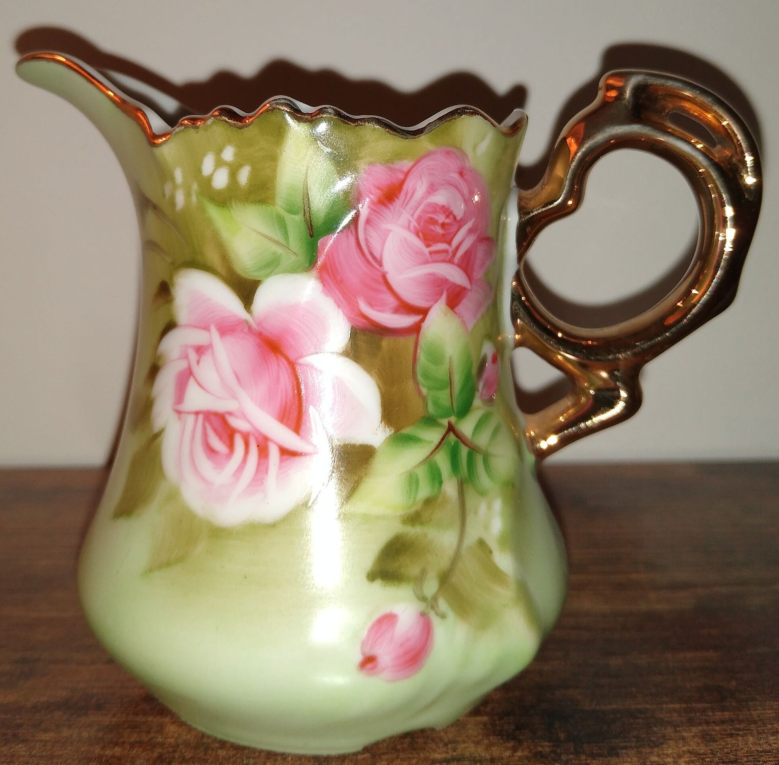 Vintage Porcelain Lefton Green Heritage Rose Teapot 3065 Creamer and ...