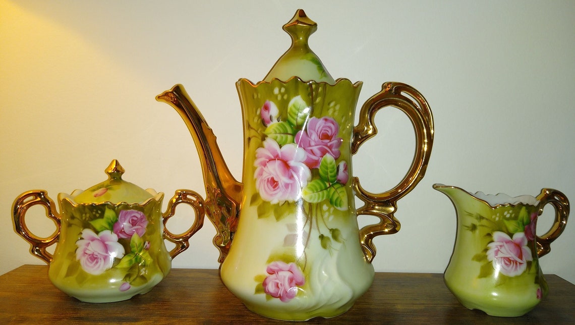 Vintage Porcelain Lefton Green Heritage Rose Teapot 3065 Creamer and ...