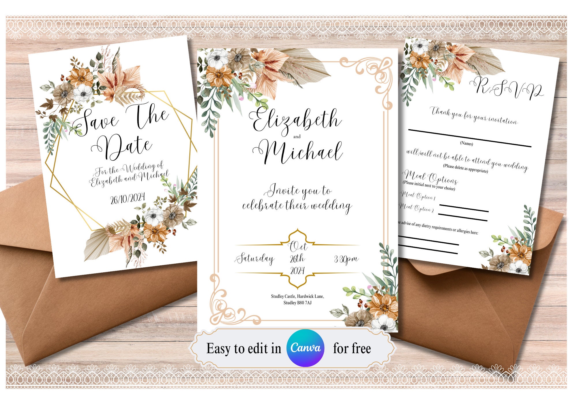 Editable Rustic Wedding Invitation - Printable A5 Rustic Wedding ...