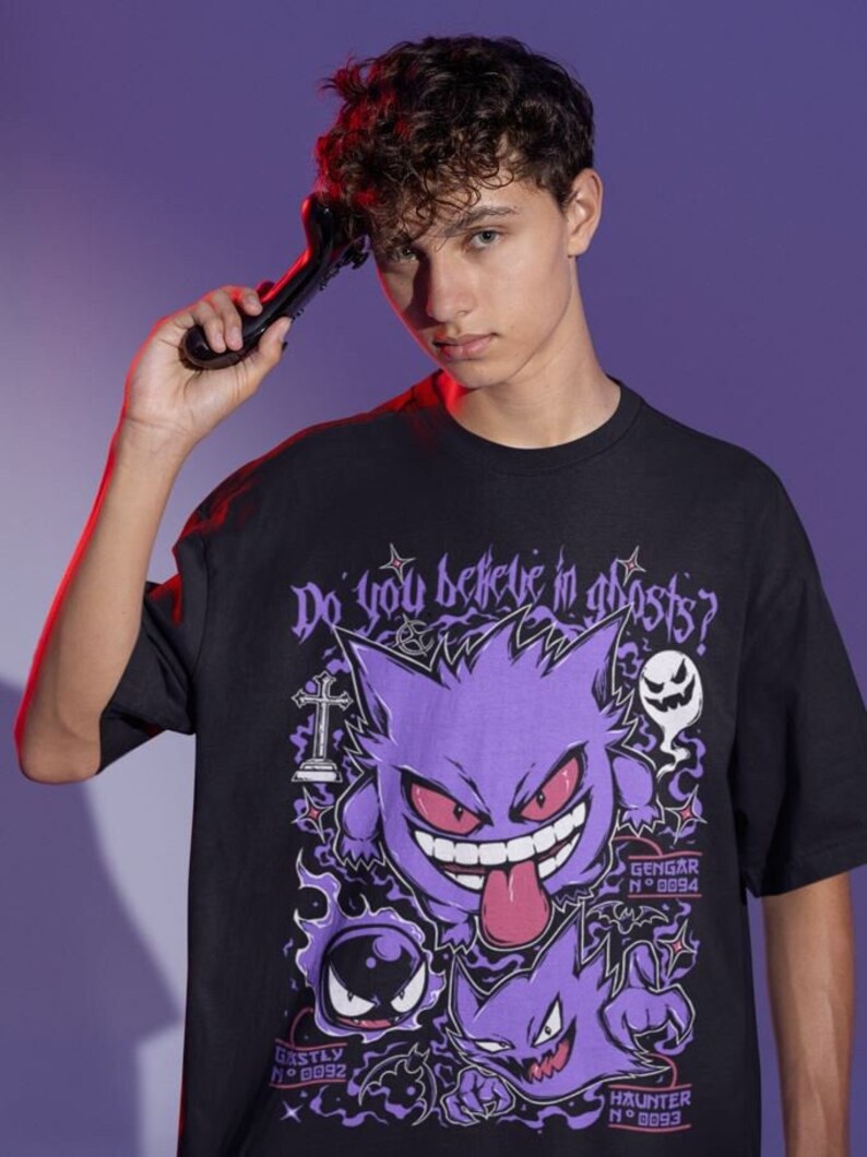 Gengar Ghastly T-shirt, Ghost Type Element Silhouette, Video Game T ...