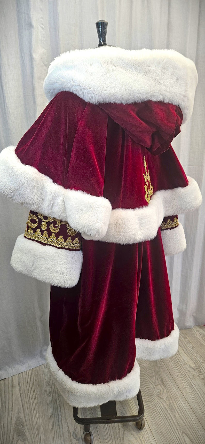 Deluxe Ruby Red Velvet Hooded Santa Robe With Single Shawl Collar, Gold ...
