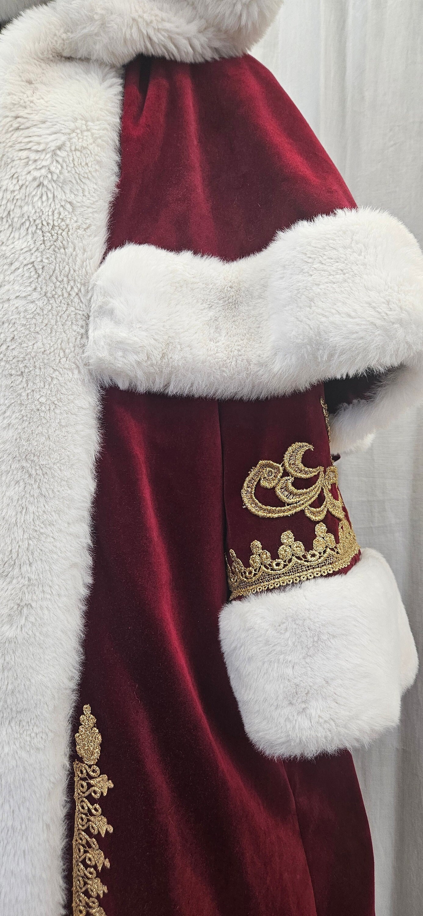 Deluxe Ruby Red Velvet Hooded Santa Robe With Single Shawl Collar, Gold ...