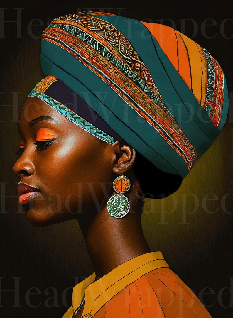 African Woman Wearing Head Wrap Digital Print Portrait Art; Black Girl ...