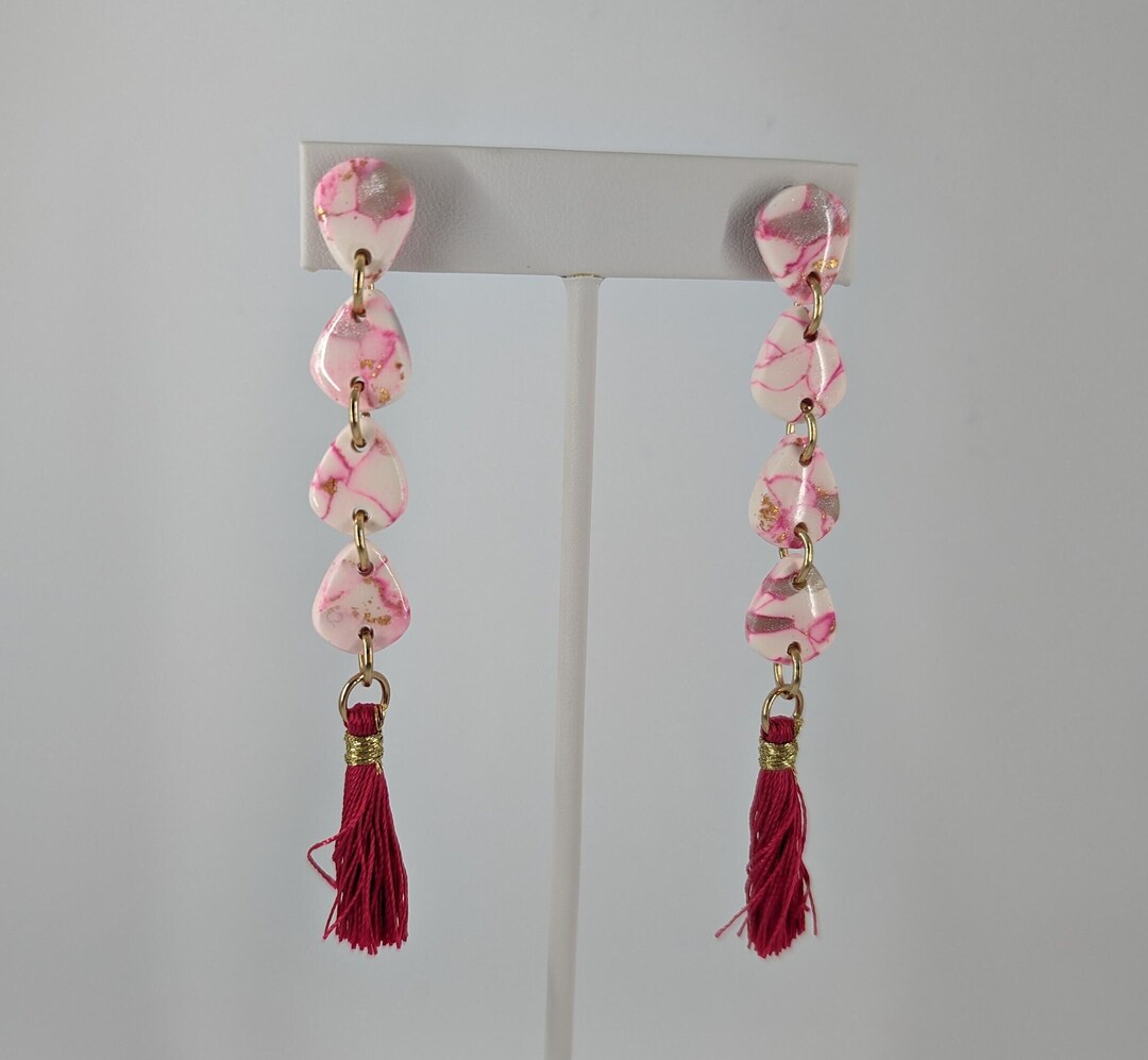 Handmade Polymer Clay Dangle Earrings, Pink, White, Gold, Stainless ...