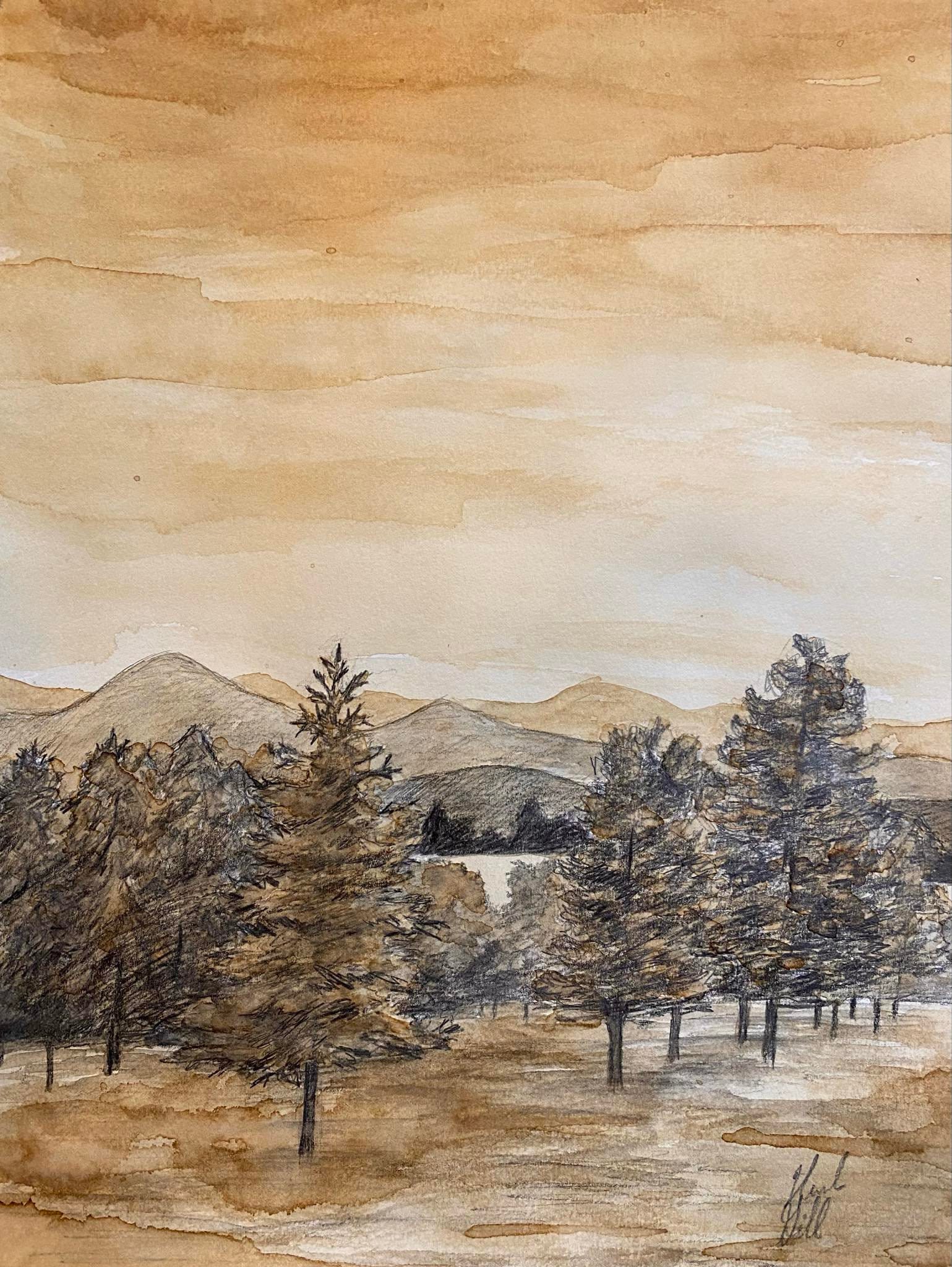 Mountain View Coffee & Graphite Painting - PRINT - Etsy