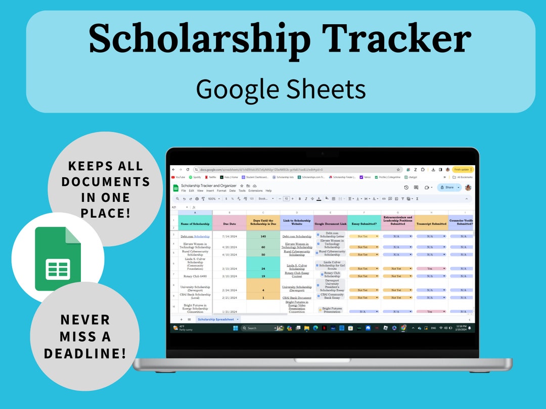 Scholarship Tracker Google Sheets College Finance Spreadsheet ...