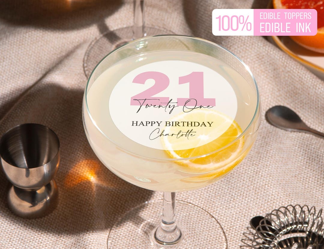 EDIBLE 21st Birthday Cocktail Toppers, Happy Birthday Drink Toppers ...