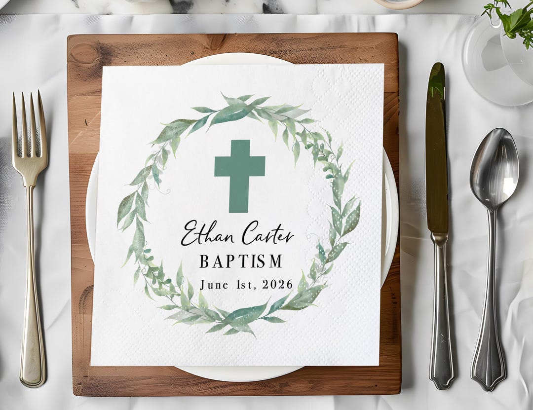 Custom Baptism Napkins, Greenery Cross Napkins, Personalized Cocktail ...