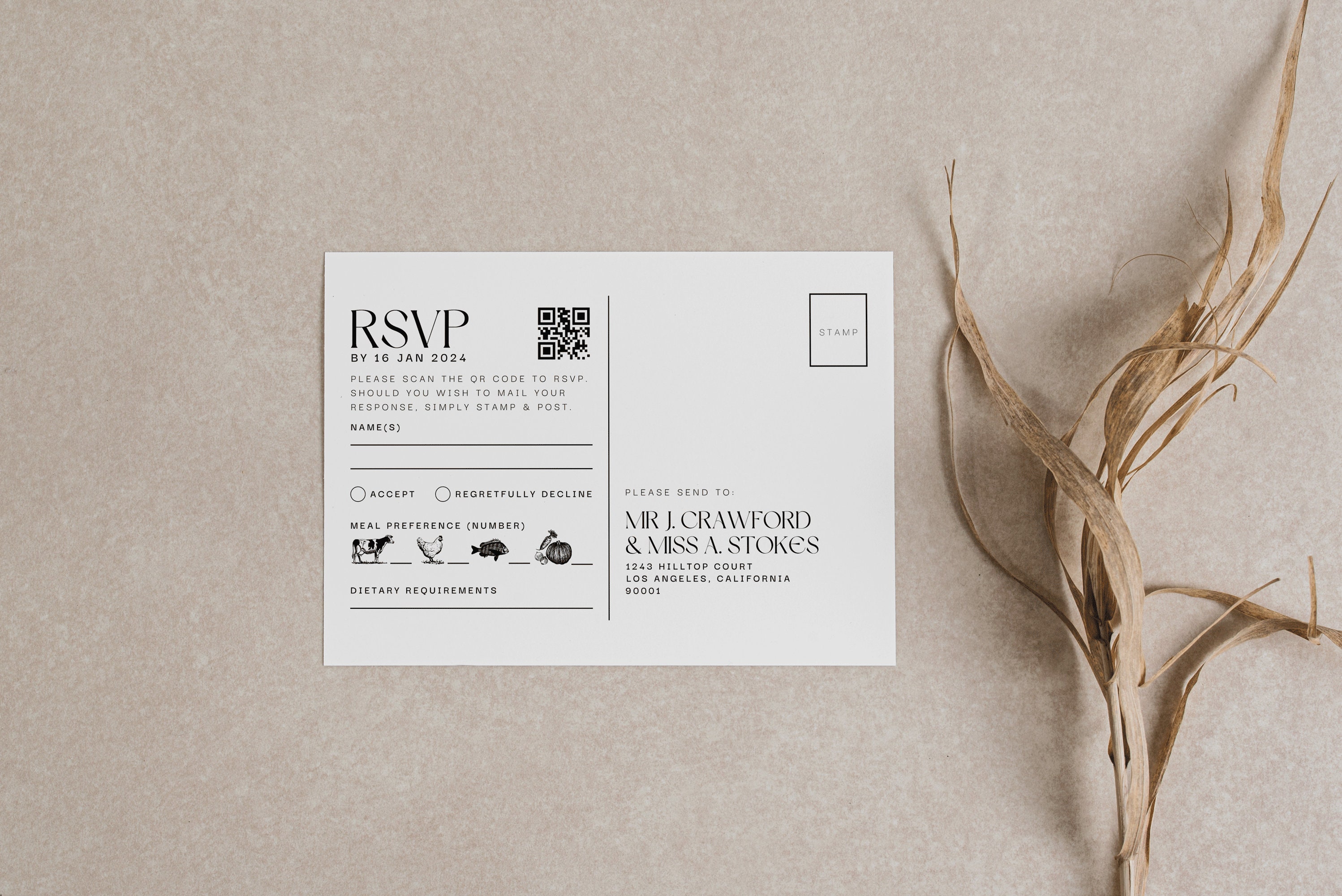Minimal Wedding Meal Preference QR Code RSVP Postcard, Printable ...