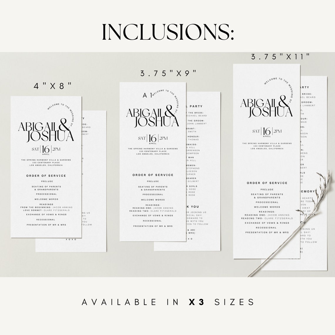 Minimal Wedding Program 3.75"x 11", Slim Wedding Program, Minimalist ...