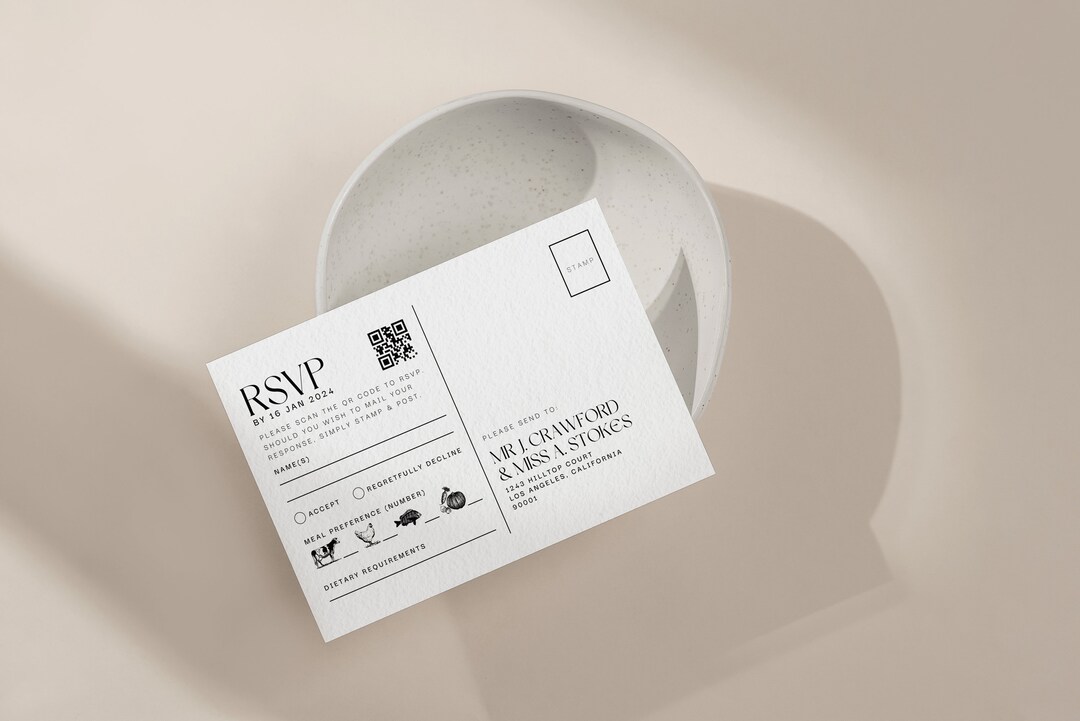 Minimal Wedding Meal Preference QR Code RSVP Postcard, Printable ...