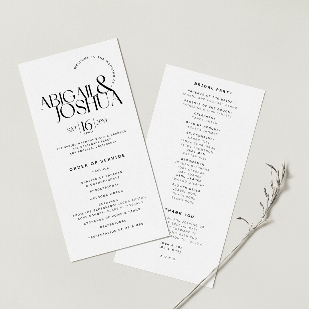Minimal Wedding Program 4"x 8", Printable Wedding Order of Events ...