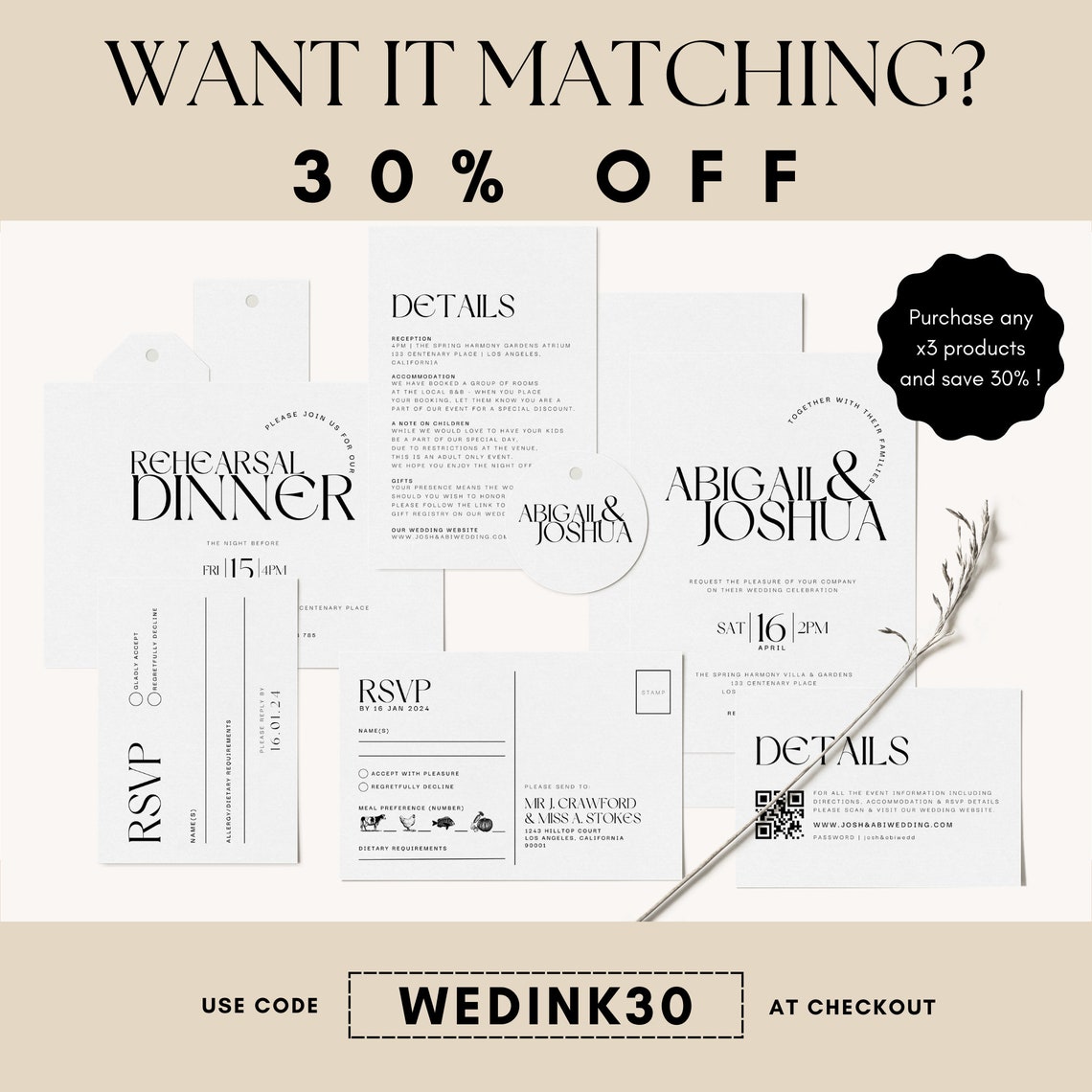 Minimal Wedding Meal Preference QR Code RSVP Postcard, Printable ...