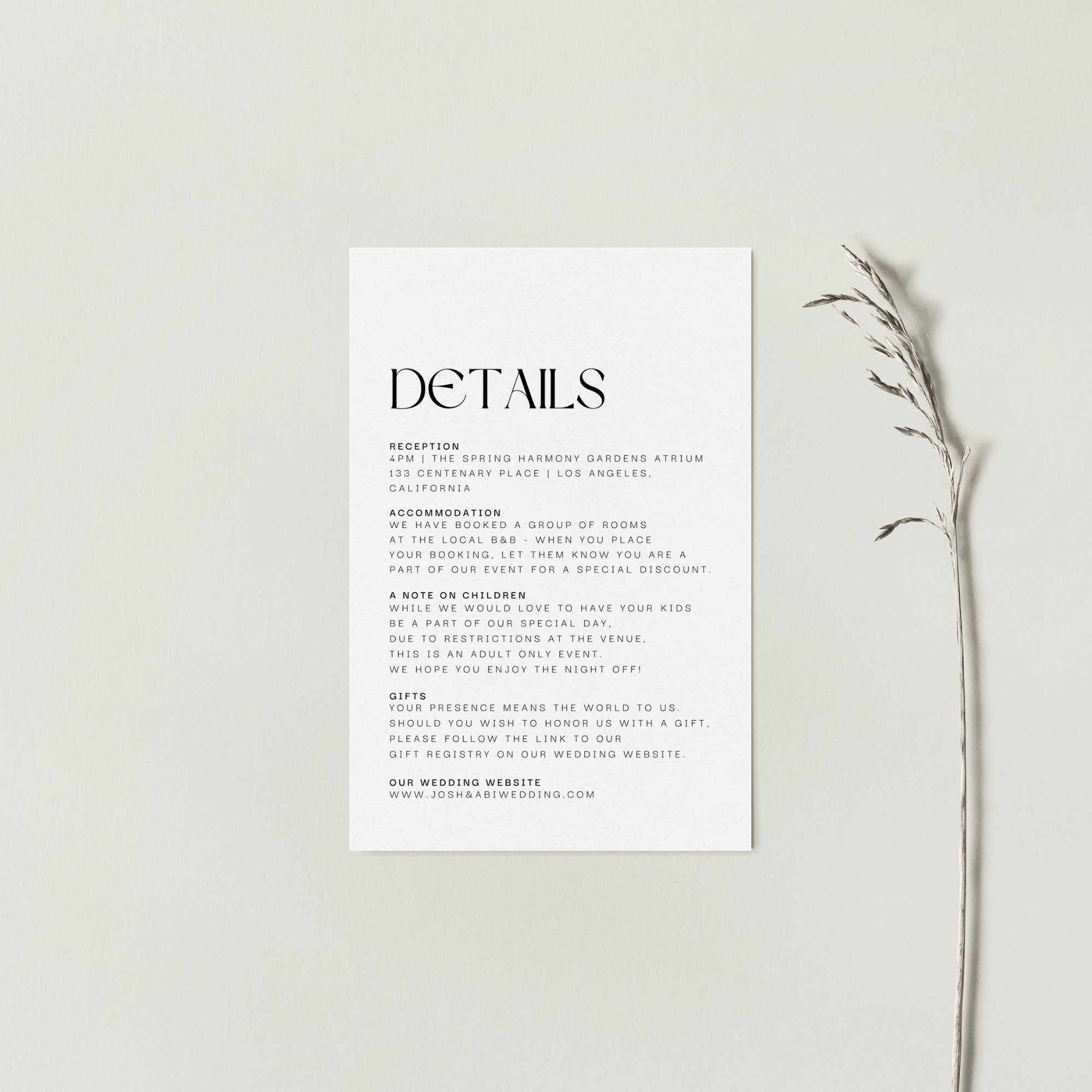 Minimal Wedding Invitation Details Card, Modern Details Insert ...