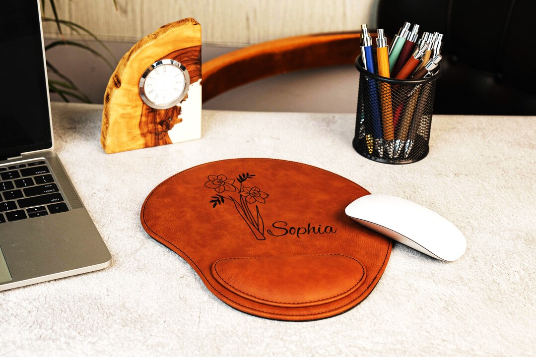 Birth Flower Engraved Mousepad, Personalized Leather Mousepad, Computer ...
