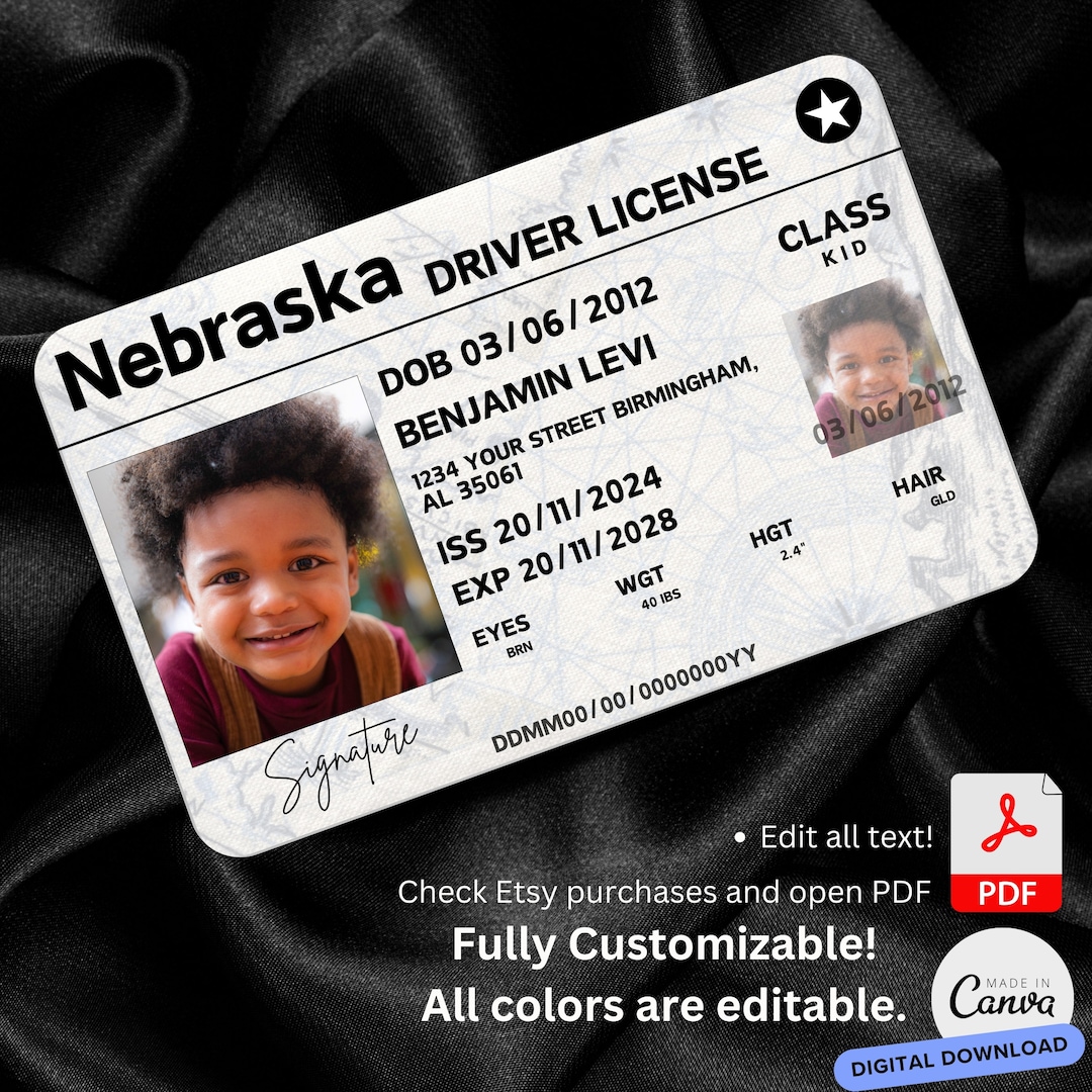Nebraska Canvas Editable Little Driver's License Personalized Lenience ...