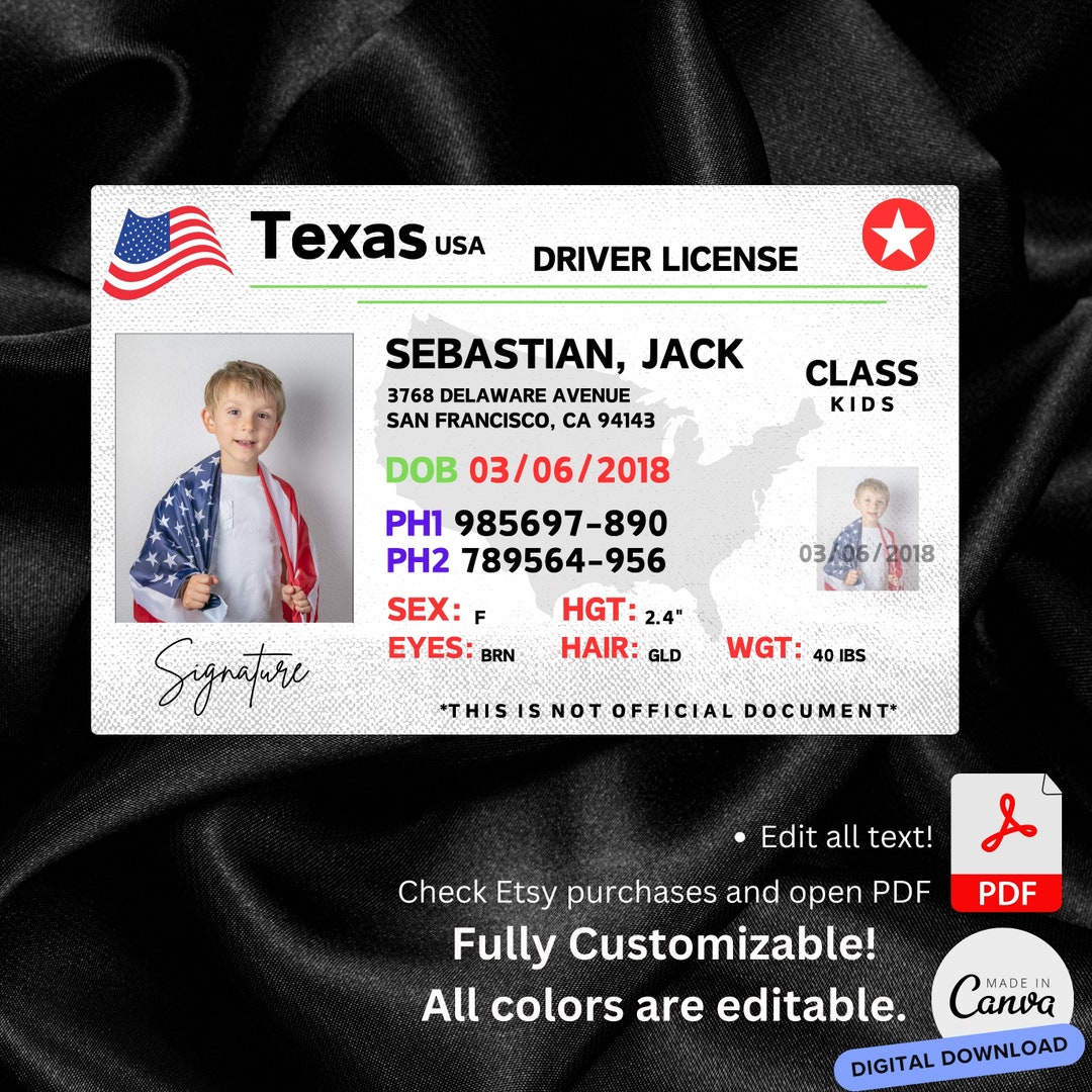Personalized Texas Driver License for Kids: Pretend Play ID (PDF ...