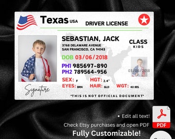 Personalized Texas Driver License for Kids: Pretend Play ID (PDF ...
