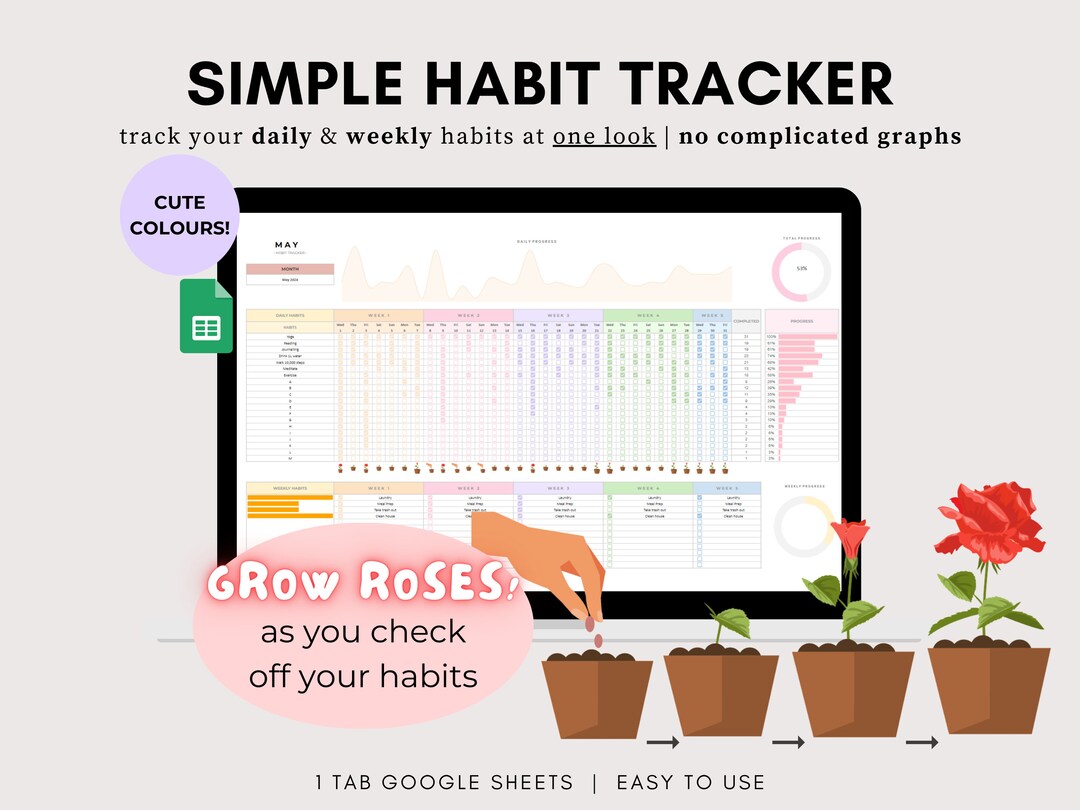 Simple Habit Tracker W Growing Roses/plants, Daily Habit Planner ...
