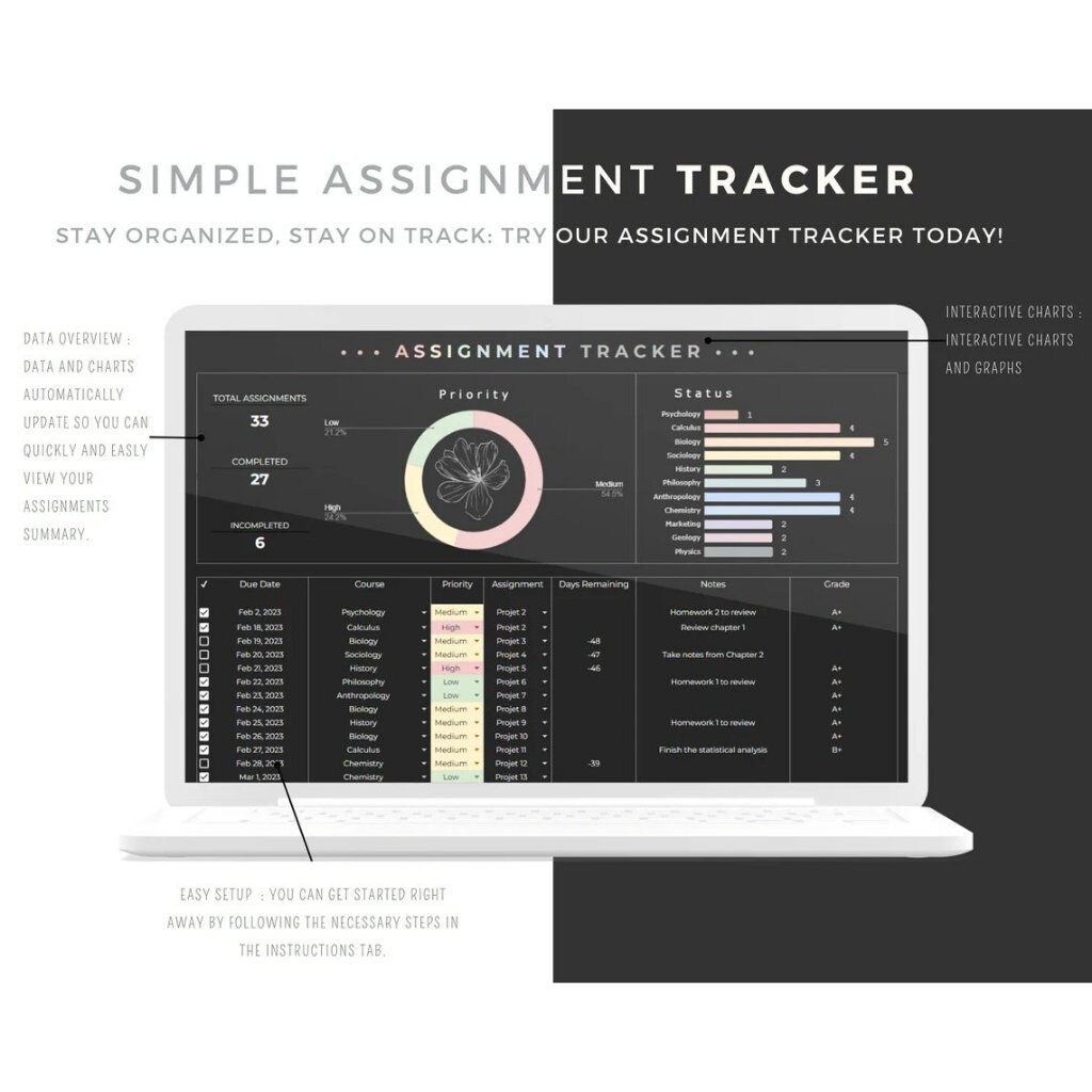 Assignment Tracker, School Planner Google Sheets and Excel Spreadsheet ...