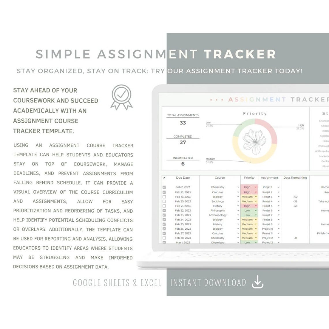 Assignment Tracker, School Planner Google Sheets and Excel Spreadsheet ...