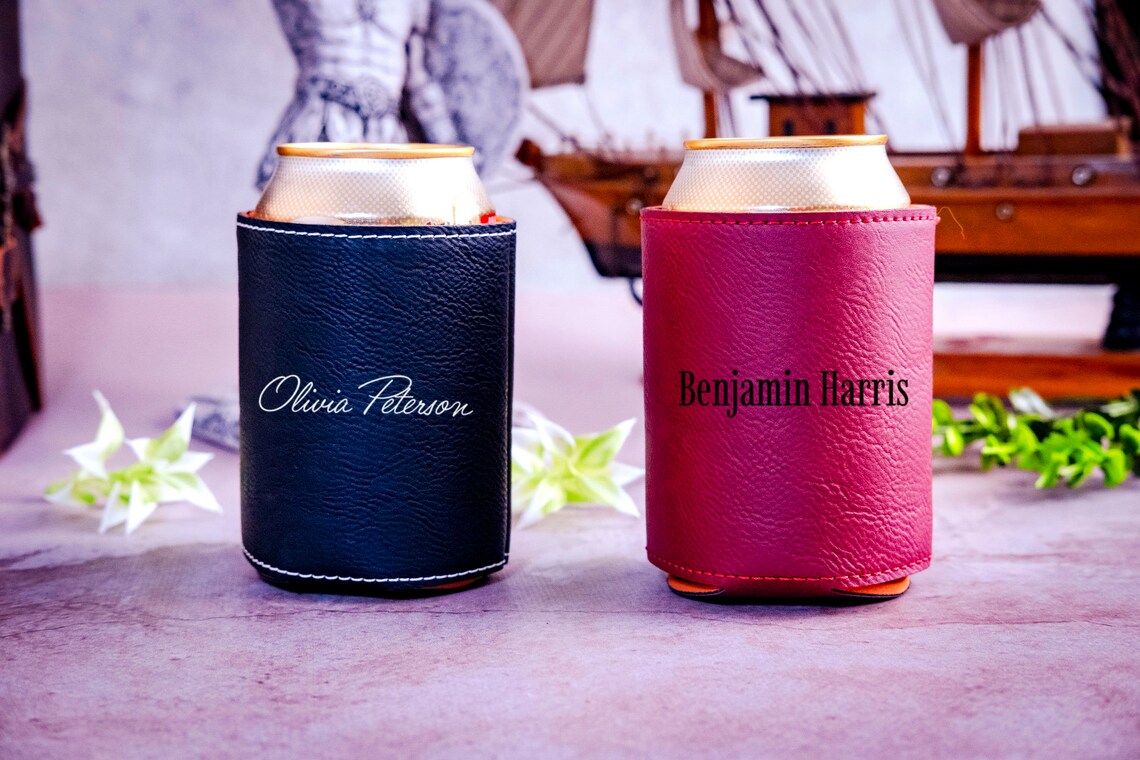 Personalized Leather Can Cooler, Leather Beverage Holder, Custom Can ...