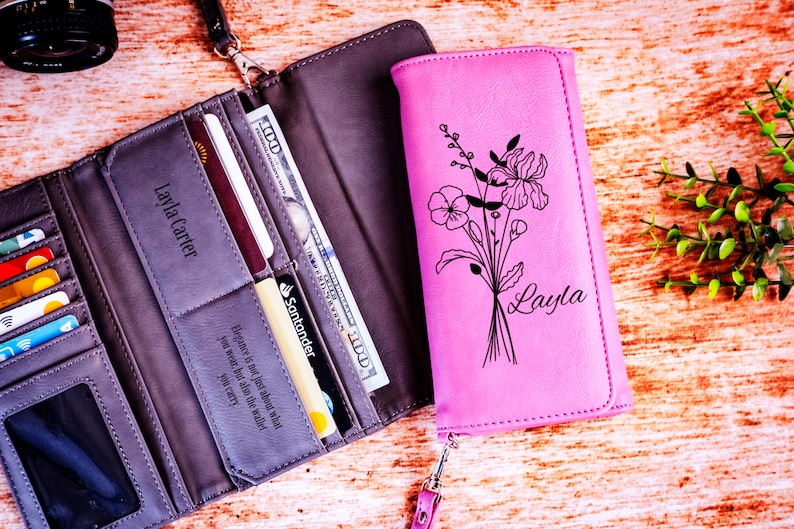Birth Flower Wallet for Women, Slim Leather Wallet, Leather Wallet ...