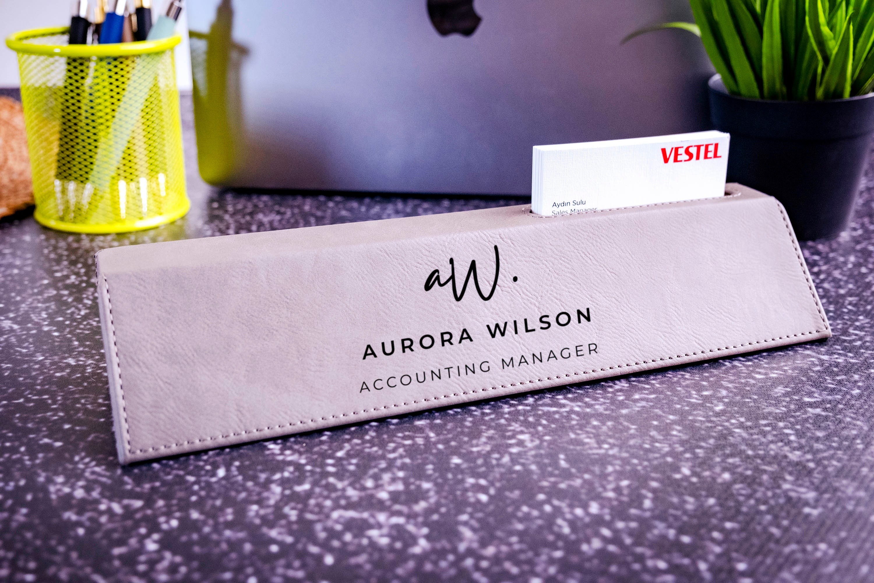 Personalized Leather Name Plate, Name Plate With Card Holder, Custom ...