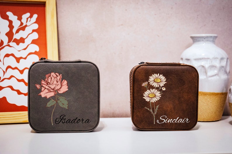 Customized Birth Flower Jewelry Box, Leather Jewelry Box, Mother's Day ...