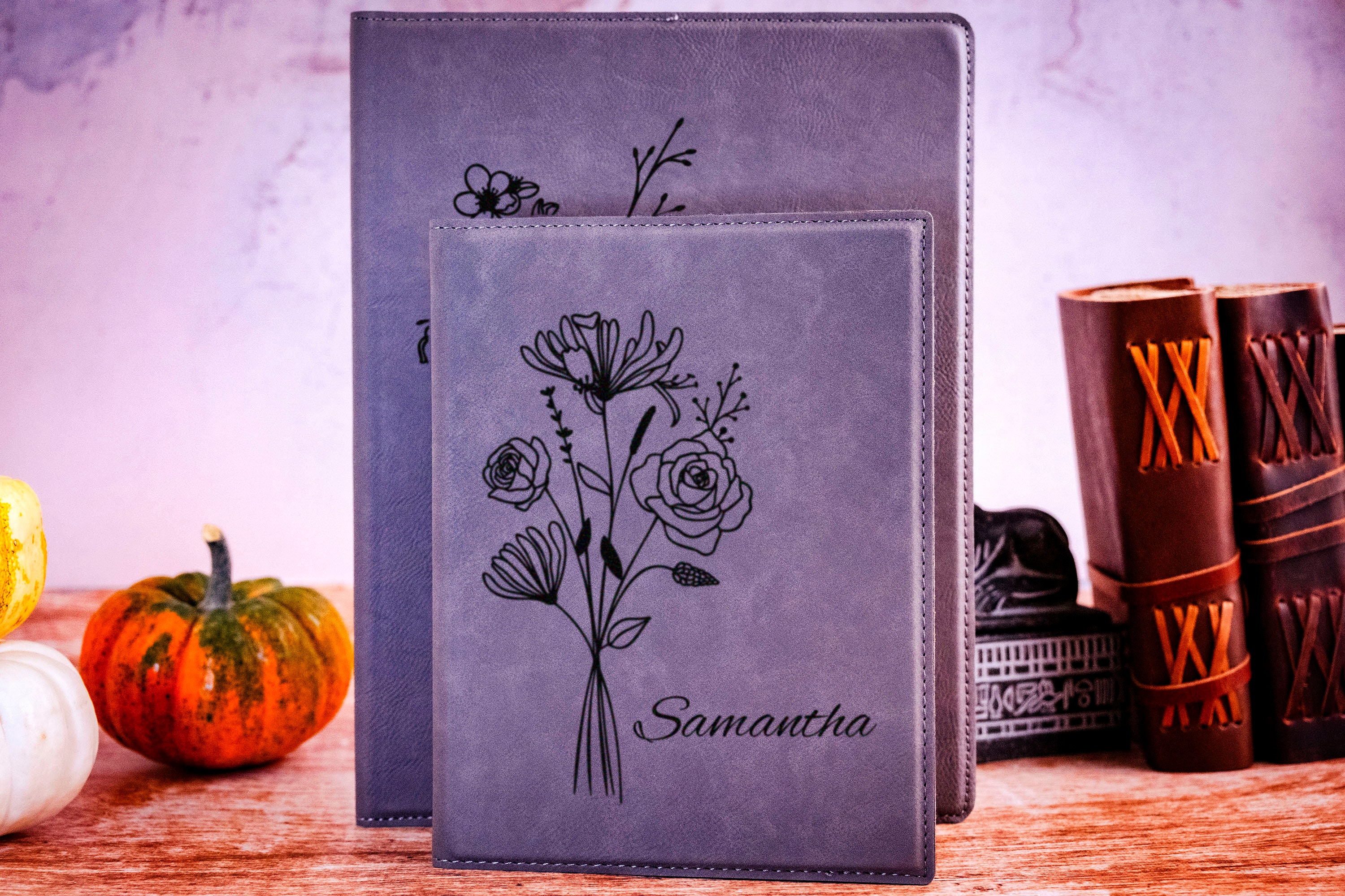 Birth Flower Engraved Portfolio, Custom Birth Flower Notebook ...