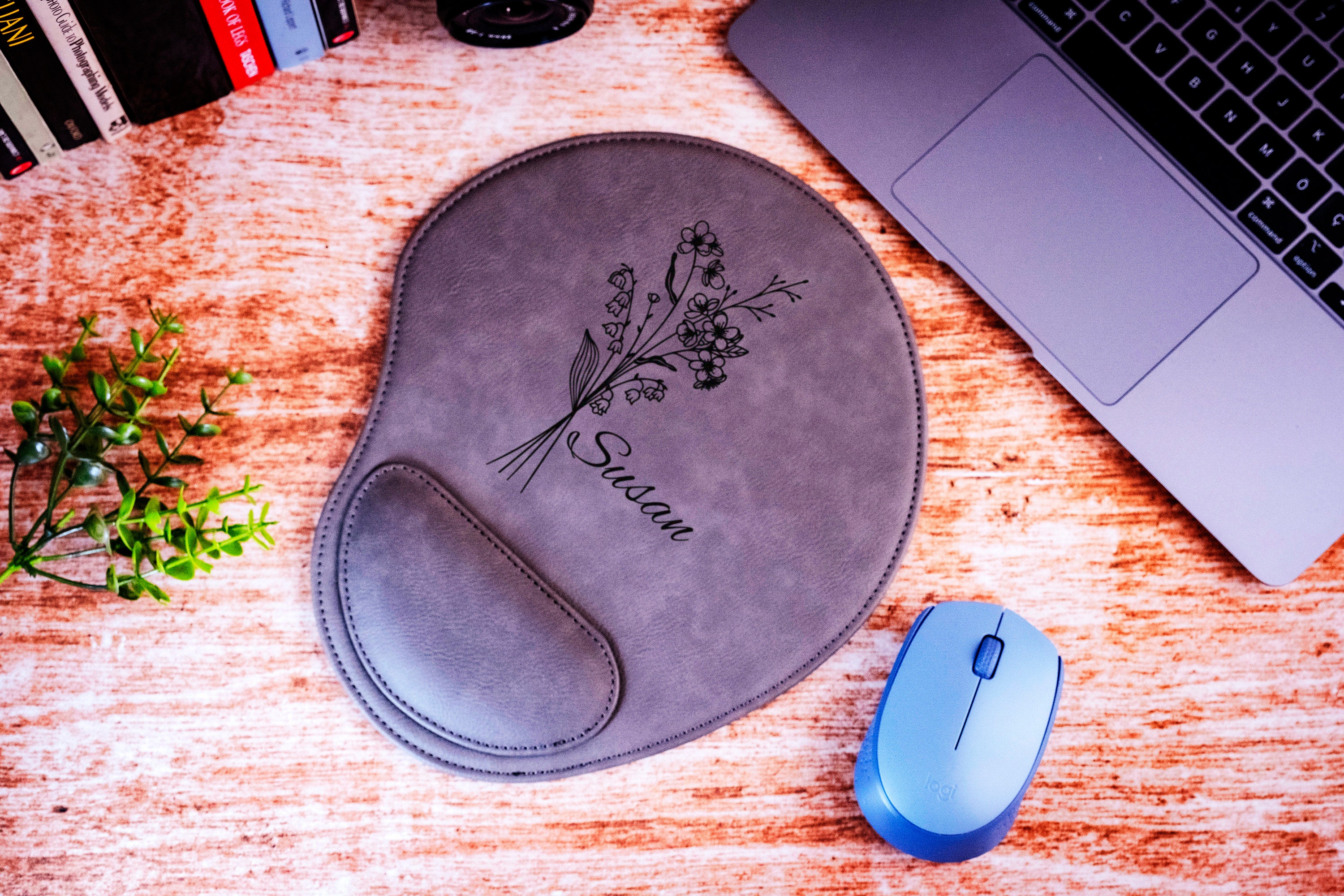 Birth Flower Engraved Mousepad, Customized Desk Pad, Personalized ...