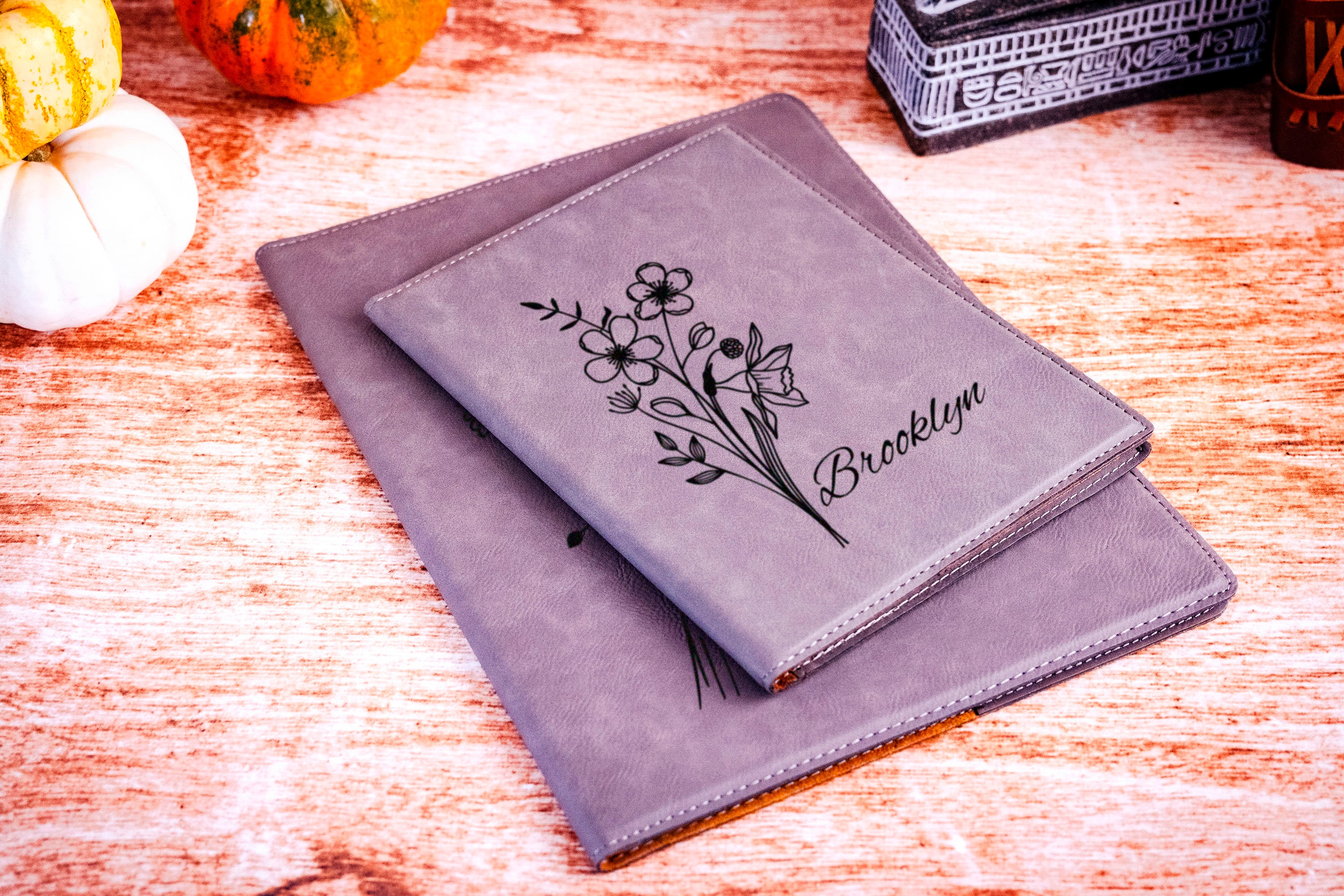 Birth Flower Engraved Portfolio, Custom Birth Flower Notebook ...