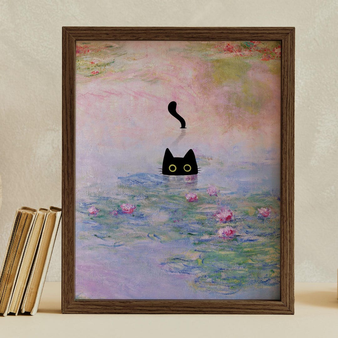 Monet Waterlily Cat Print, Claude Monet Cat Poster, Cat Art, Floral ...