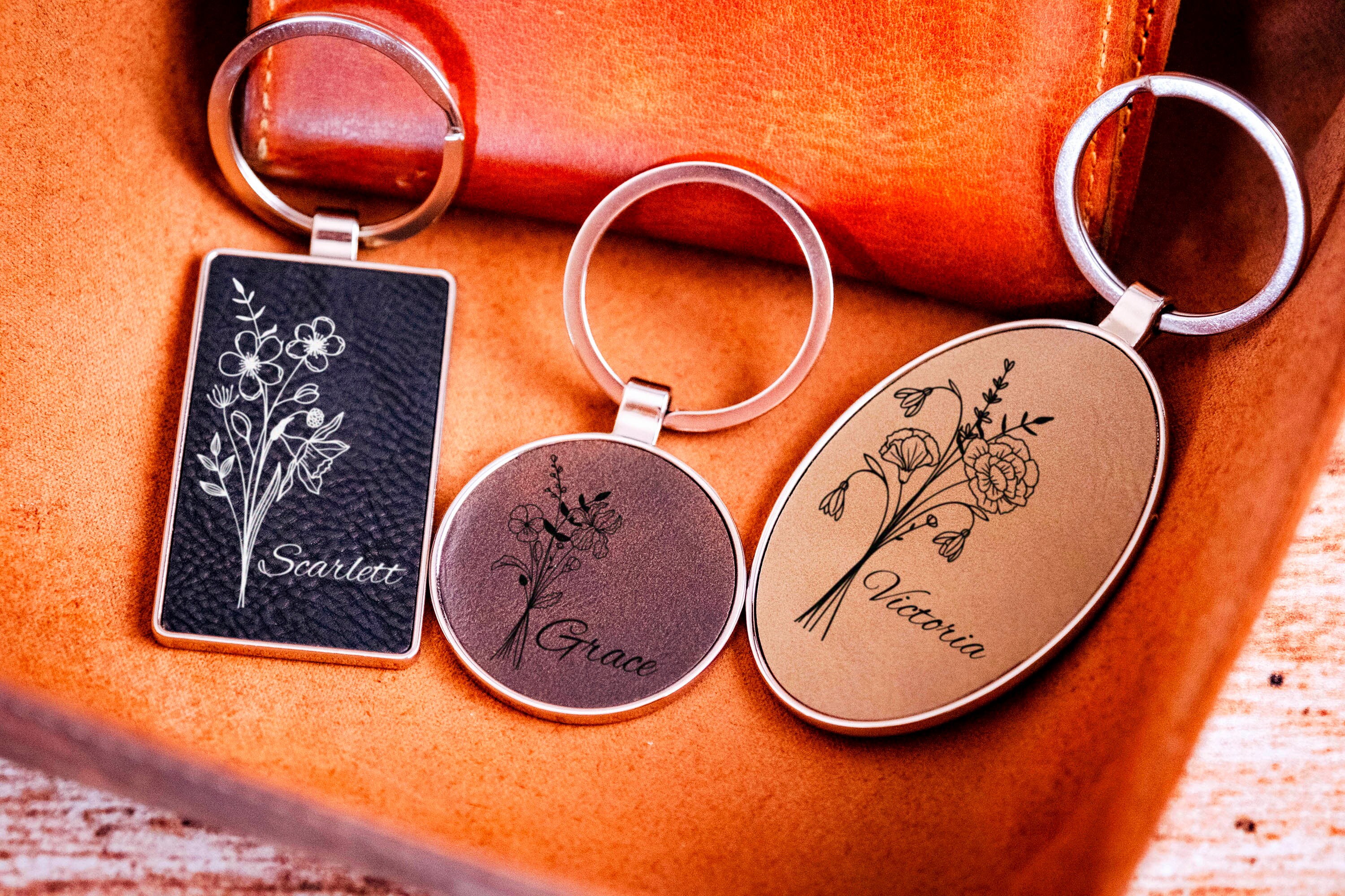 Birth Flower Keyring, Custom Leather Keychain, House Keyholder ...
