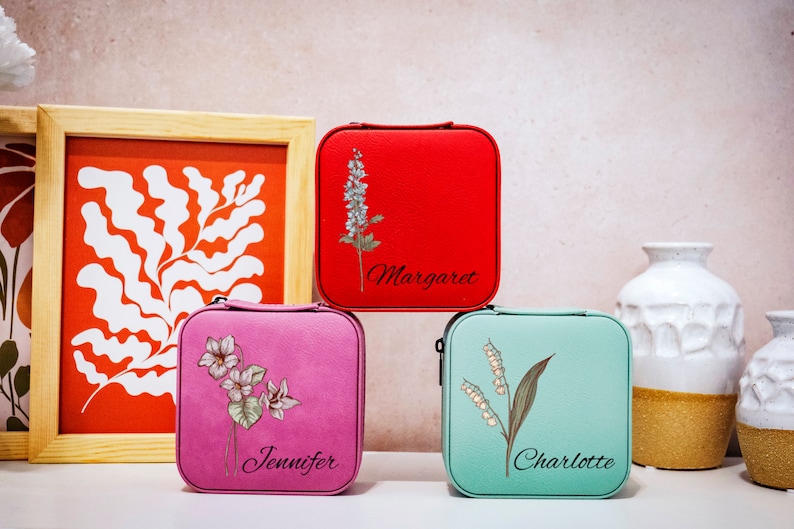 Customized Birth Flower Jewelry Box, Leather Jewelry Box, Mother's Day ...