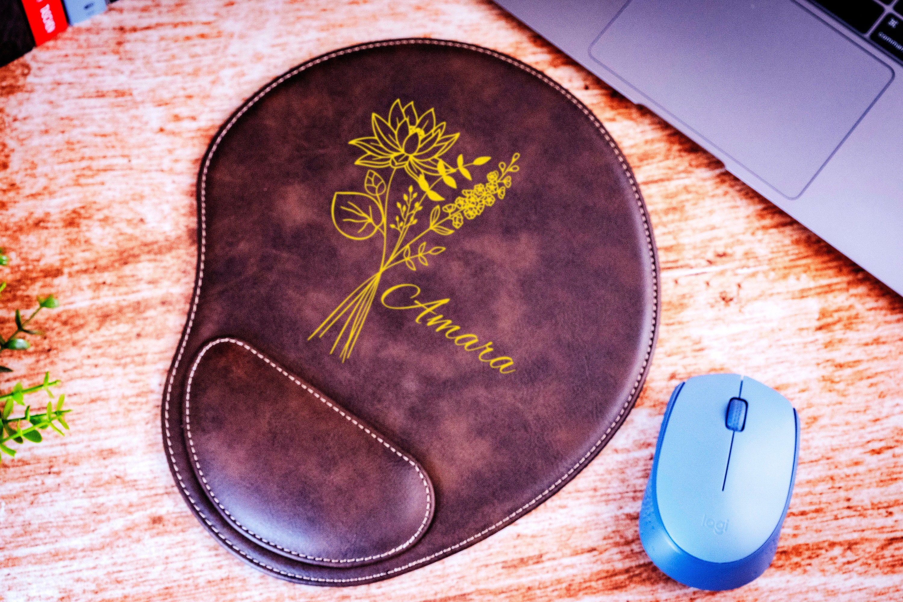 Birth Flower Engraved Mousepad, Customized Desk Pad, Personalized ...